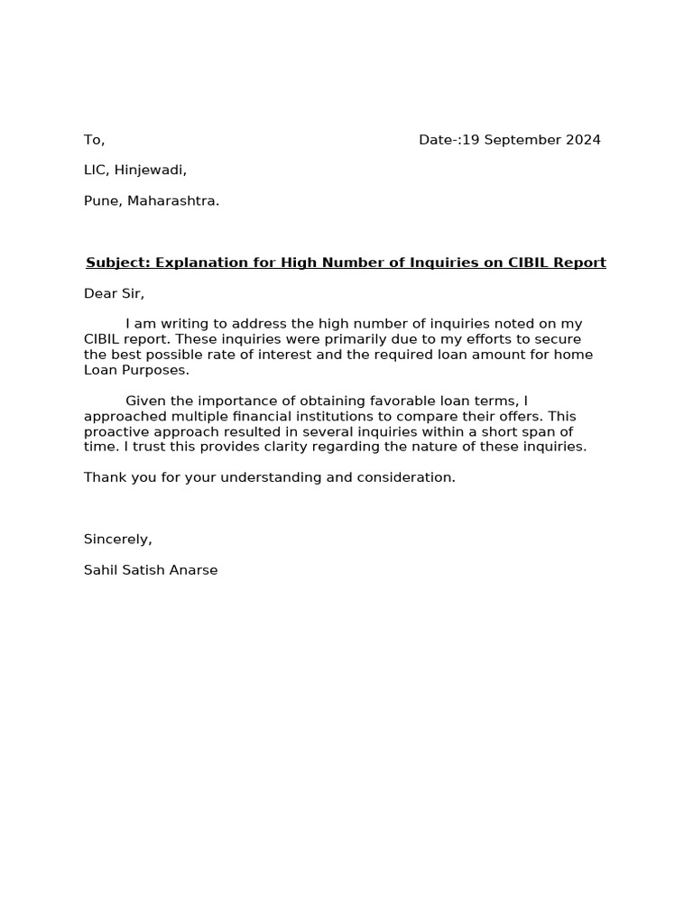 Letter For High Enquiries in CIBIL | PDF