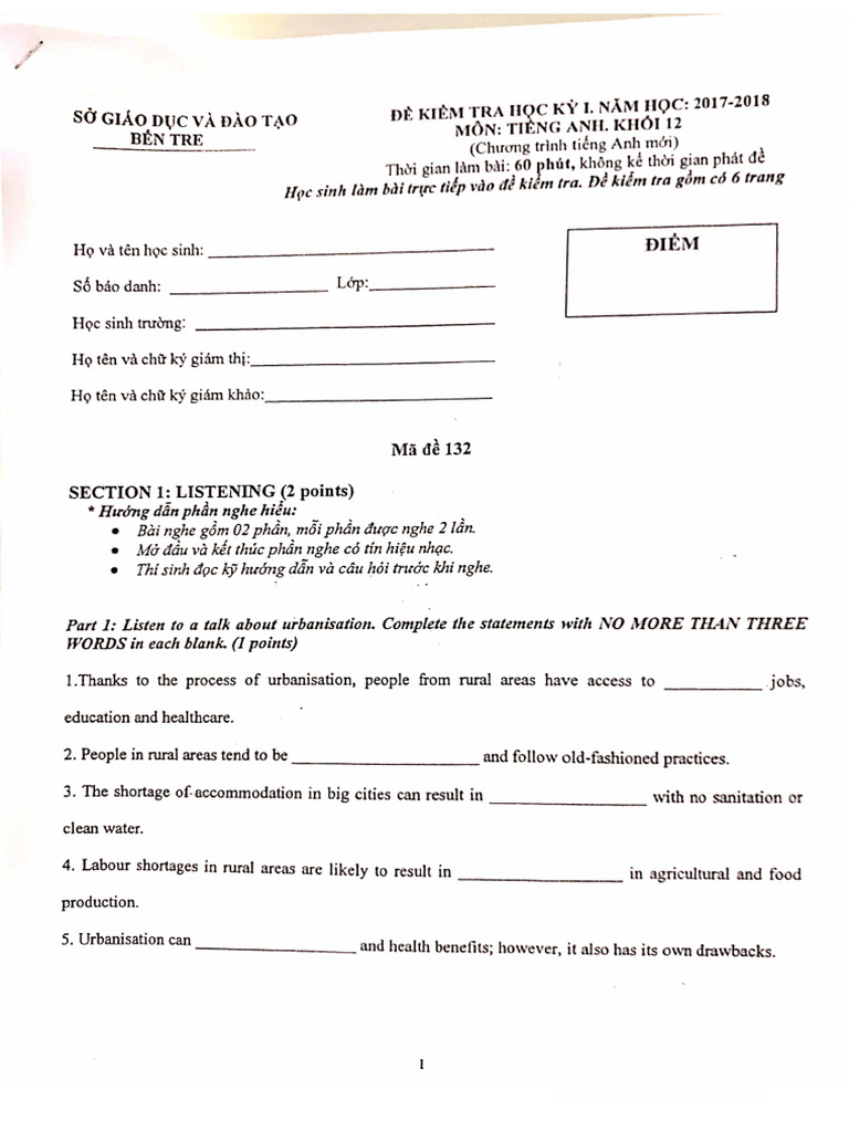 De Thi HKI Tieng Anh 12 (With KEY) | PDF