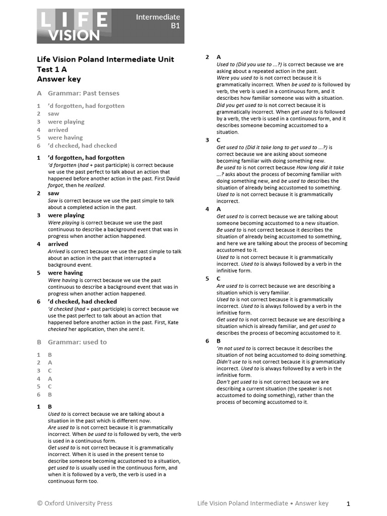 Life Vision Intermediate Unit Test 1 Answers | PDF | Verb