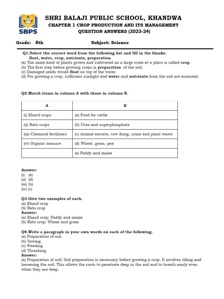 8th Grade Crop Production Q&A | PDF | Fertilizer | Manure