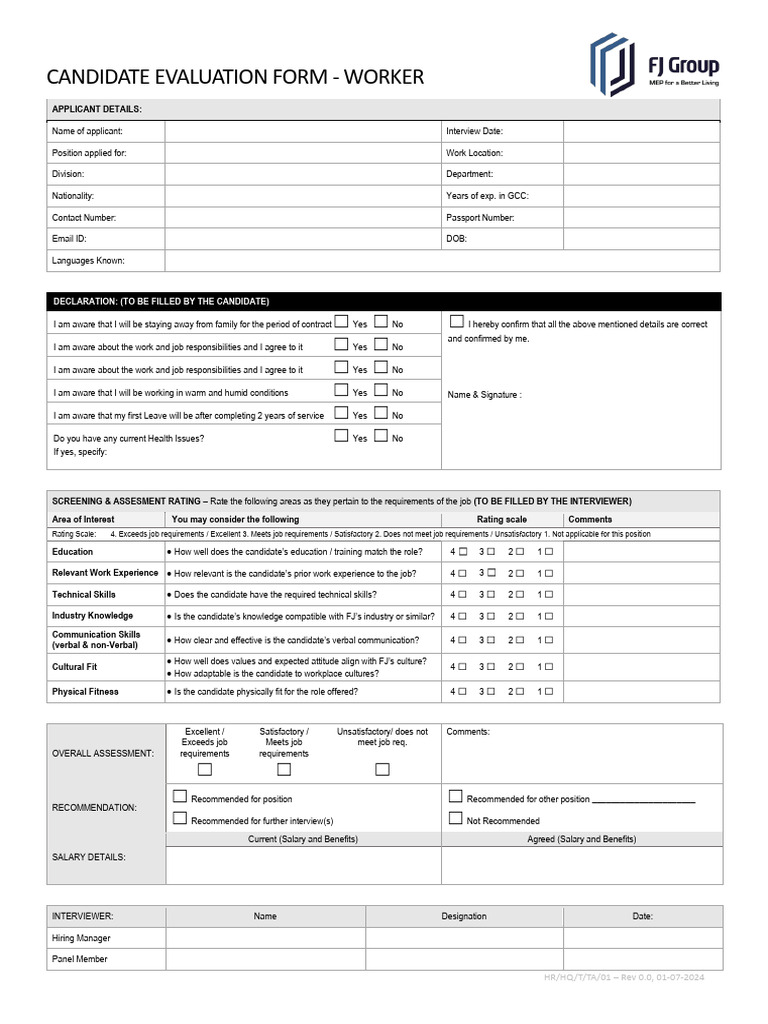 Candidate Evaluation Form - Worker | PDF | Human Communication