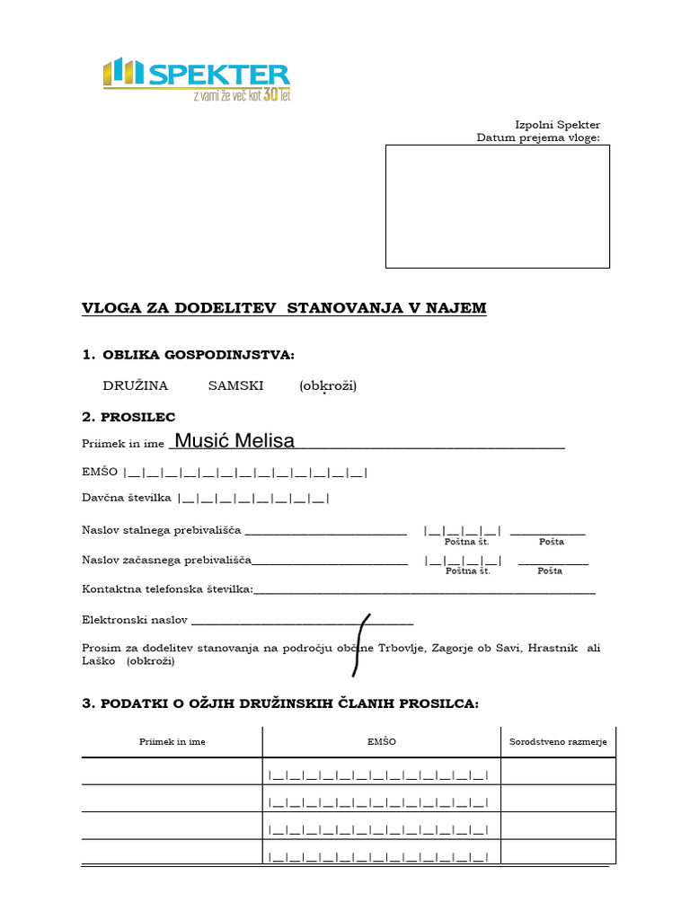 Vloga Za Dodelitev Stanovanja V Najem - Neprofitni Najem | PDF