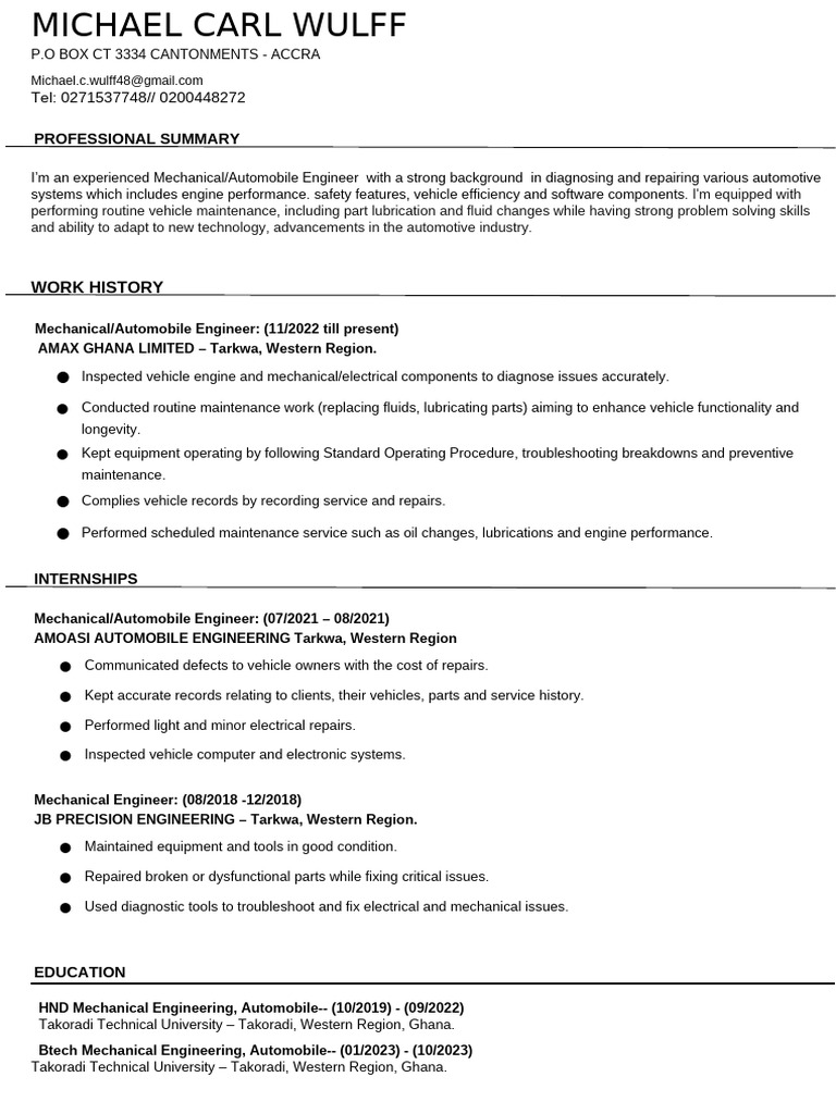 Michael Carl Wulff - Resume - CV Application | PDF | Engineering | Car