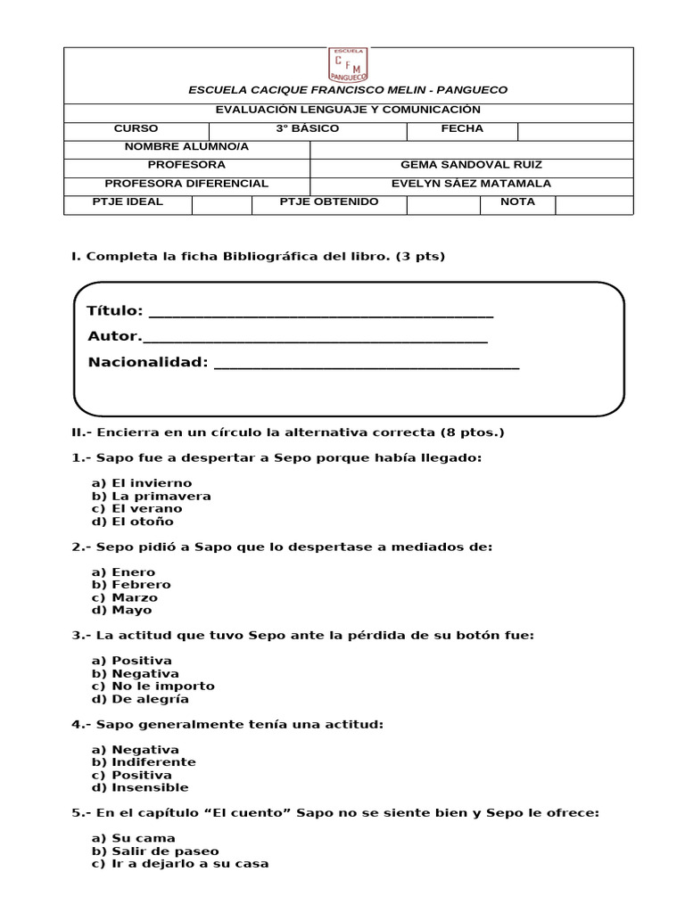 Evaluacion Sapo y Sepo Son Amigos | PDF | Artes del Lenguaje y ...