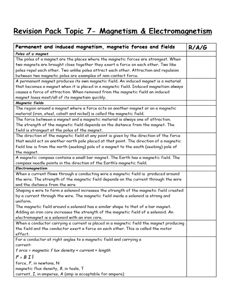 Revision Pack Topic 7-Magnetism & Electromagnetism: Permanent and ...