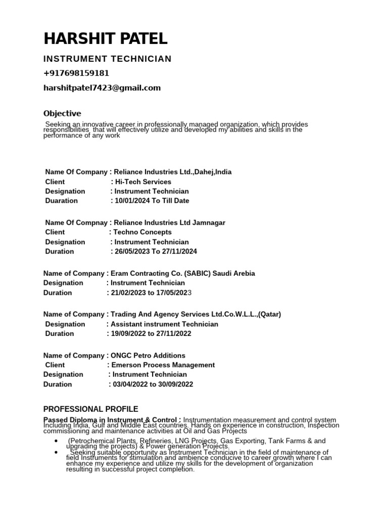 Harshit Patel (Instrument Technician) | PDF | Instrumentation