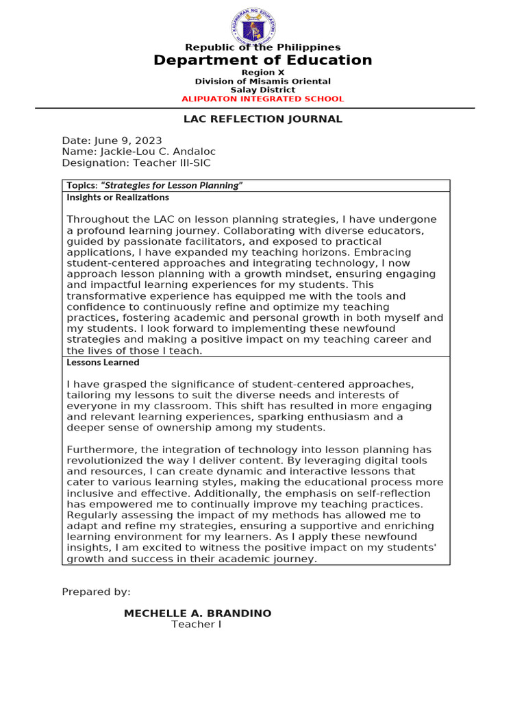 LAC REFLECTION JOURNAL | PDF | Mentorship | Teachers