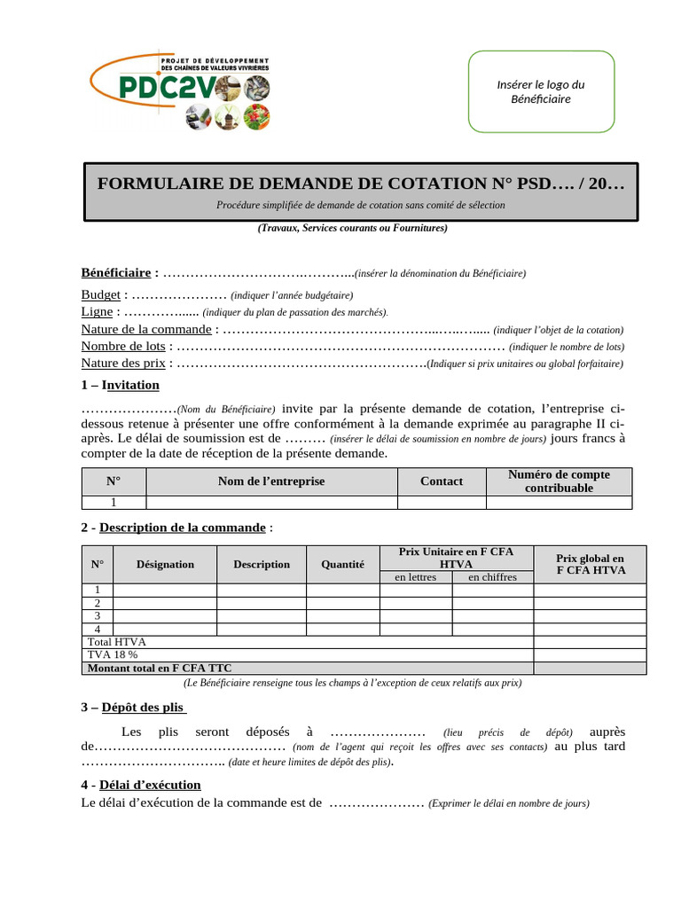 Demande de cotation pour marché public | PDF | Taxe sur la valeur ...