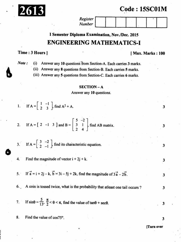 Engineering Mathematics I (15sc01m) Nov Dec 2015 | PDF