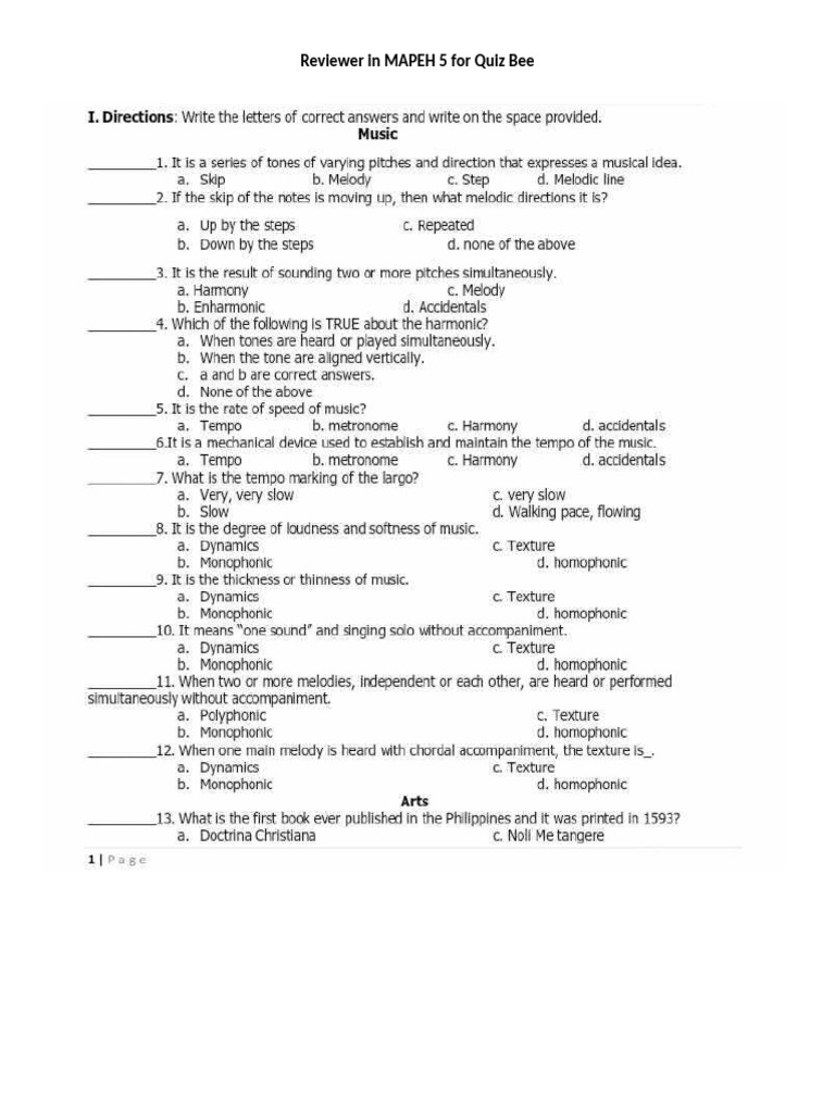 MAPEH 5 - Reviewer For Quiz Bee | PDF