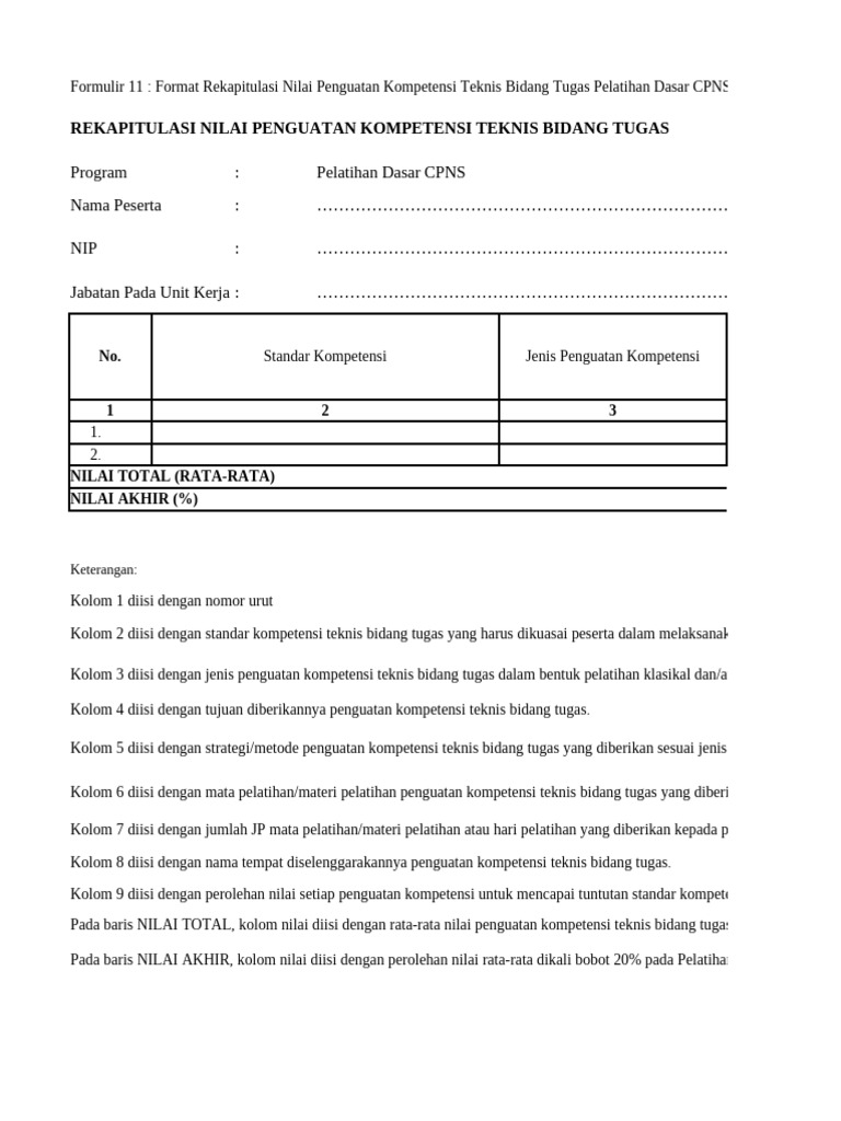 Formulir 11 - Format Rekapitulasi Nilai Penguatan Kompetensi Teknis ...