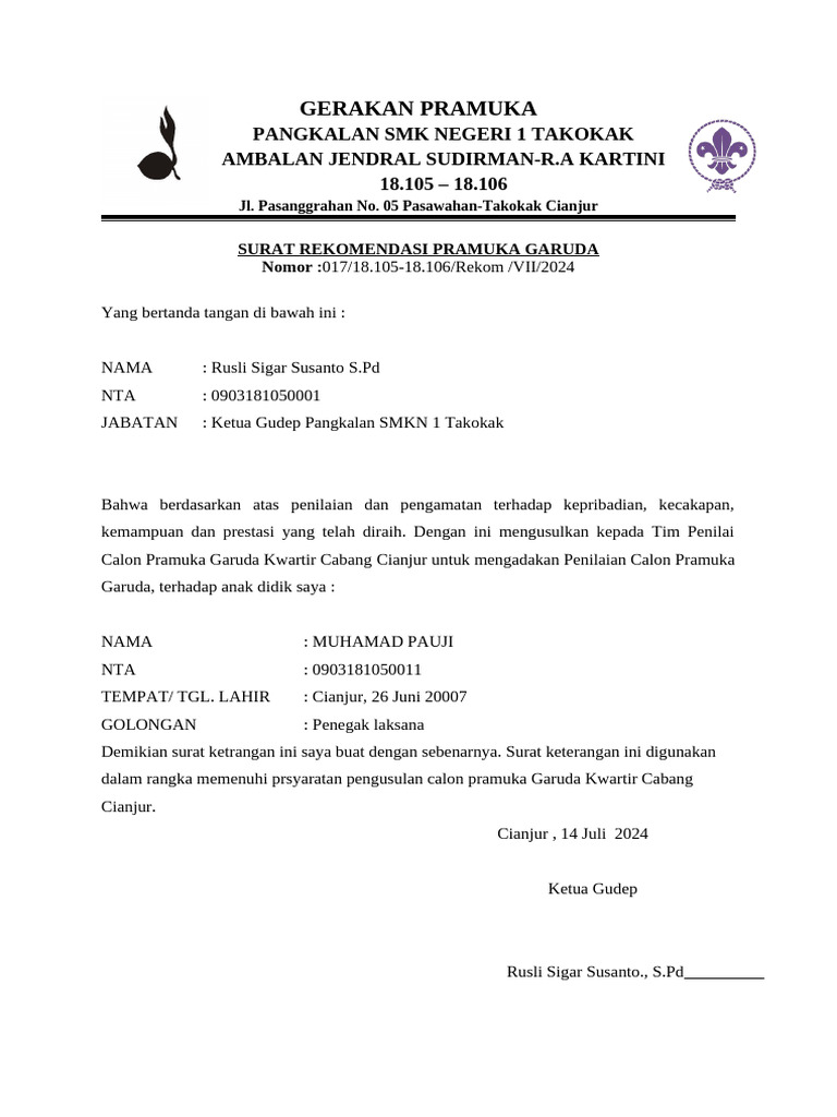Surat Keterangan Pengusulan Pramuka Garuda | PDF