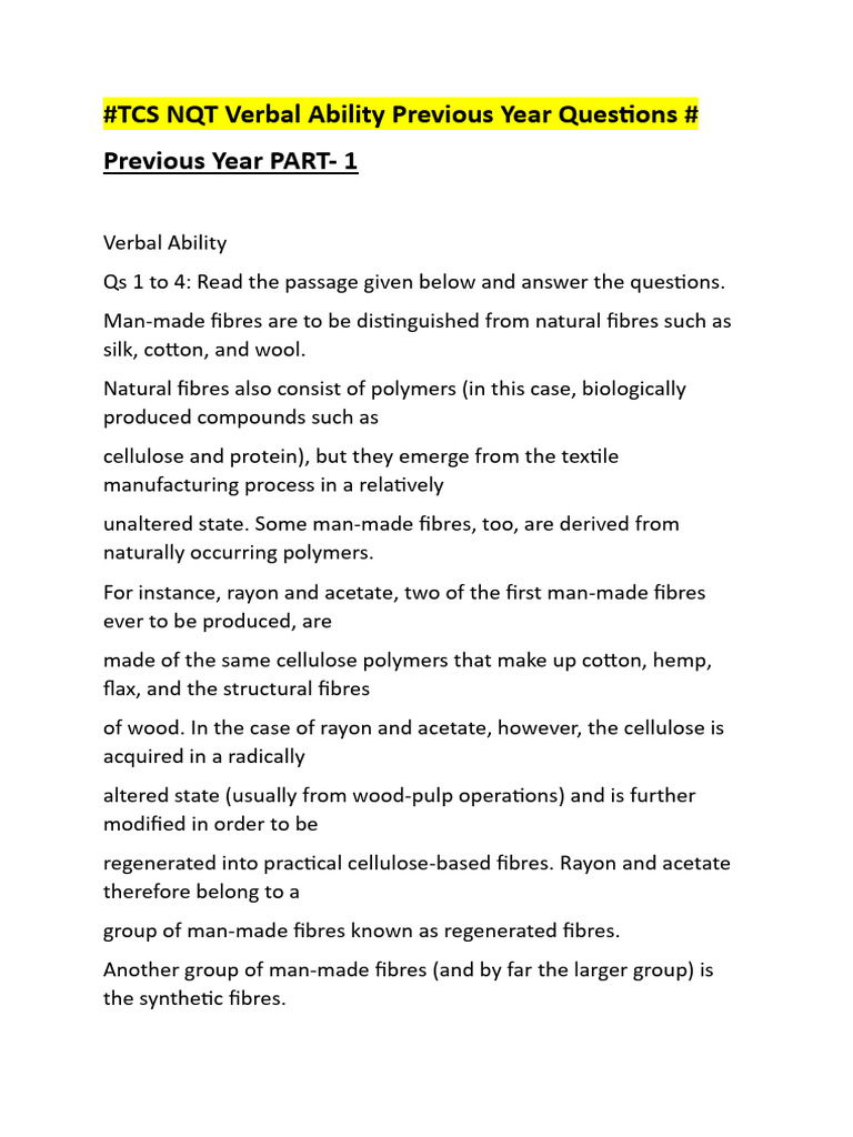 TCS NQT Verbal Ability Questions - 50 Questions | PDF | Fibers ...