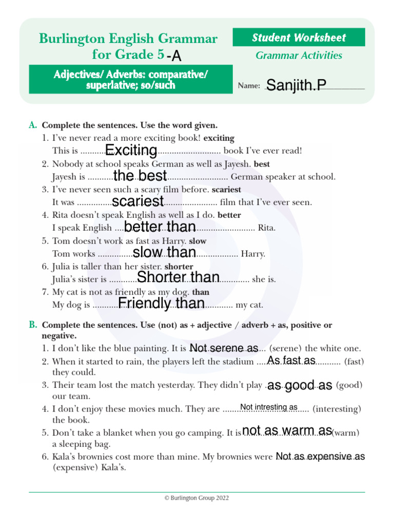 WS - GG5 - Pre - GG5 - GG5 - Grammar 3 | PDF | Adverb | English Grammar