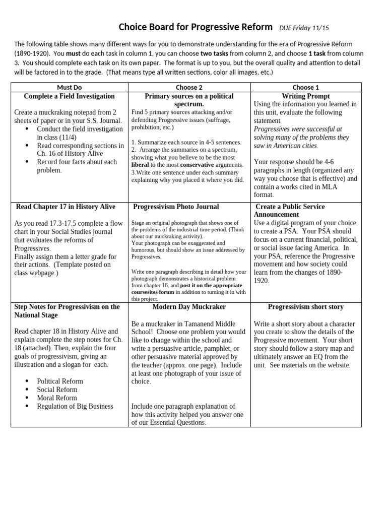 Progressivism Choice Board Final | PDF | Progressivism | Human ...