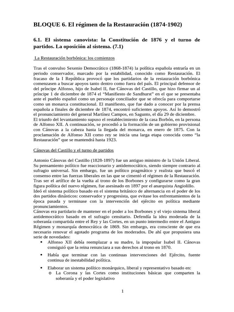 BLOQUE 6. El régimen de la Restauración (1874-1902) | PDF | Cuba | España