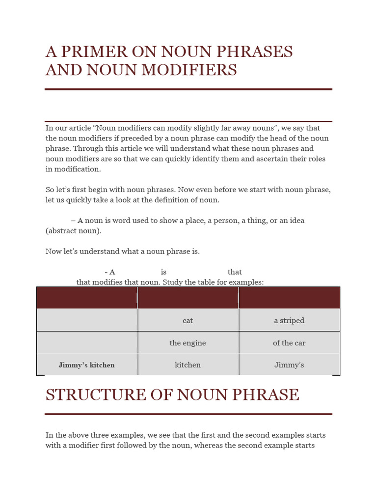 A Primer On Noun Phrase and Noun Modifier | PDF | Noun | Adjective