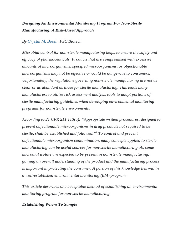 Designing An Environmental Monitoring Program For Non-Sterile ...
