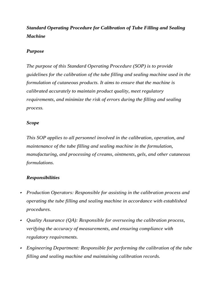 Tube Filling Machine Calibration SOP | PDF | Calibration | Quality ...