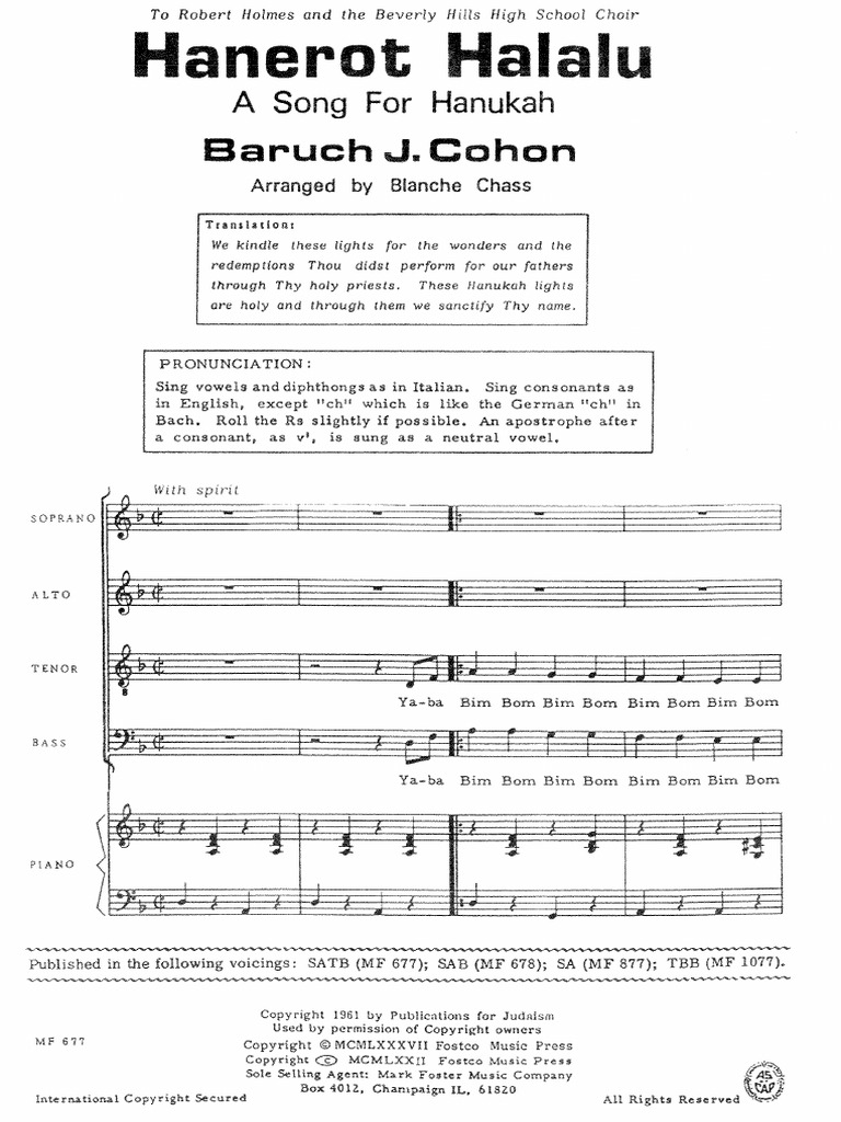 Hanerot Halalu, Baroch Cohon (SATB) | PDF