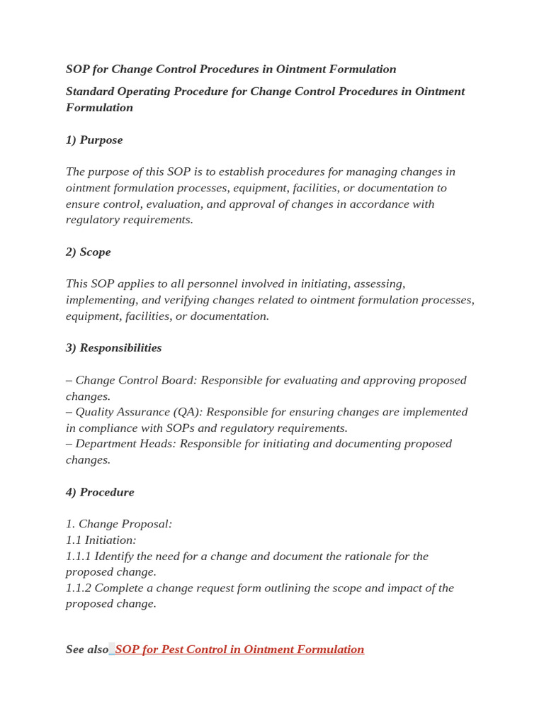 SOP For Change Control Procedures in Ointment Formulation | PDF | Verification And Validation ...