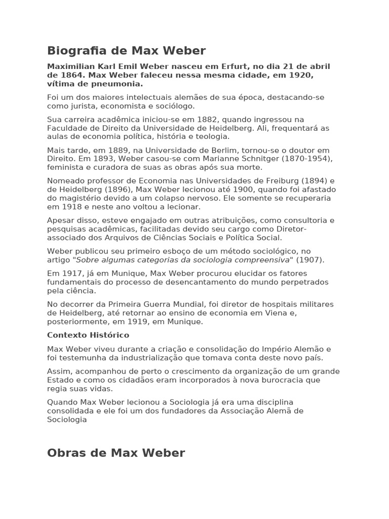 Biografia de Max Weber | PDF | Max Weber | Sociologia