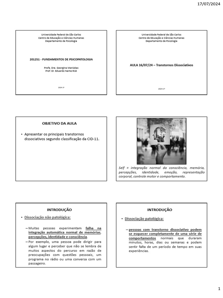 Aula - 16.07.24 - Transtornos Dissociativos - Fundamentos de psicopatologia - 2024-1º | PDF ...