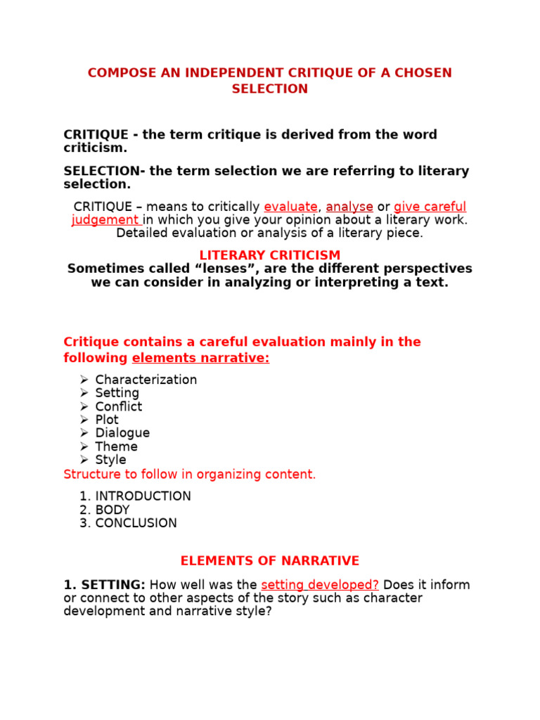 HANDOUTS-COMPOSE-A-INDEPENDENT-CRITIQUE | PDF | Narrative | Critique