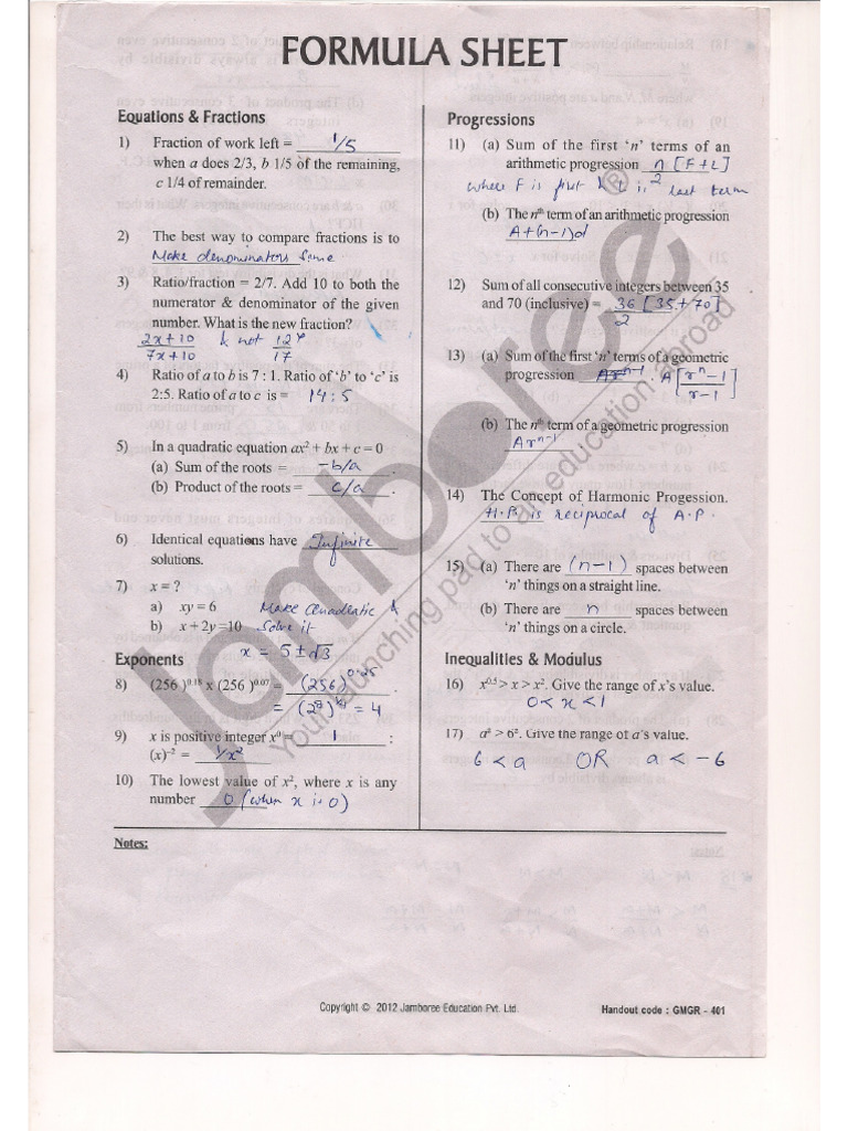 Formula Sheet 1 | PDF