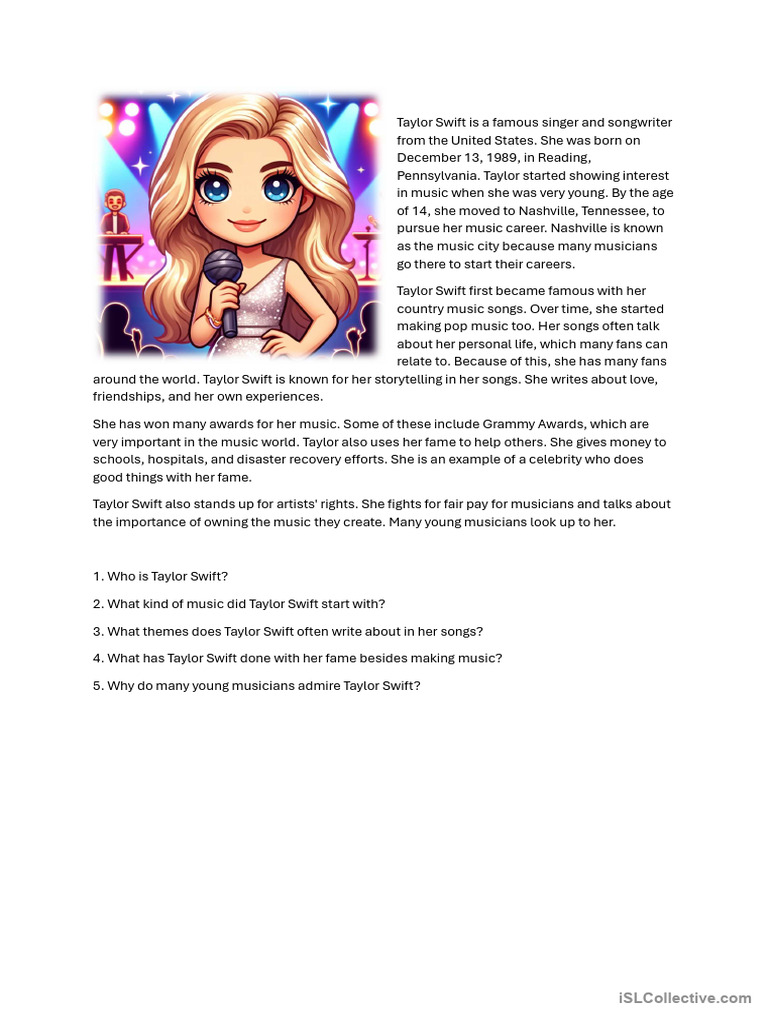 Taylor Swift Reading Compreh | PDF