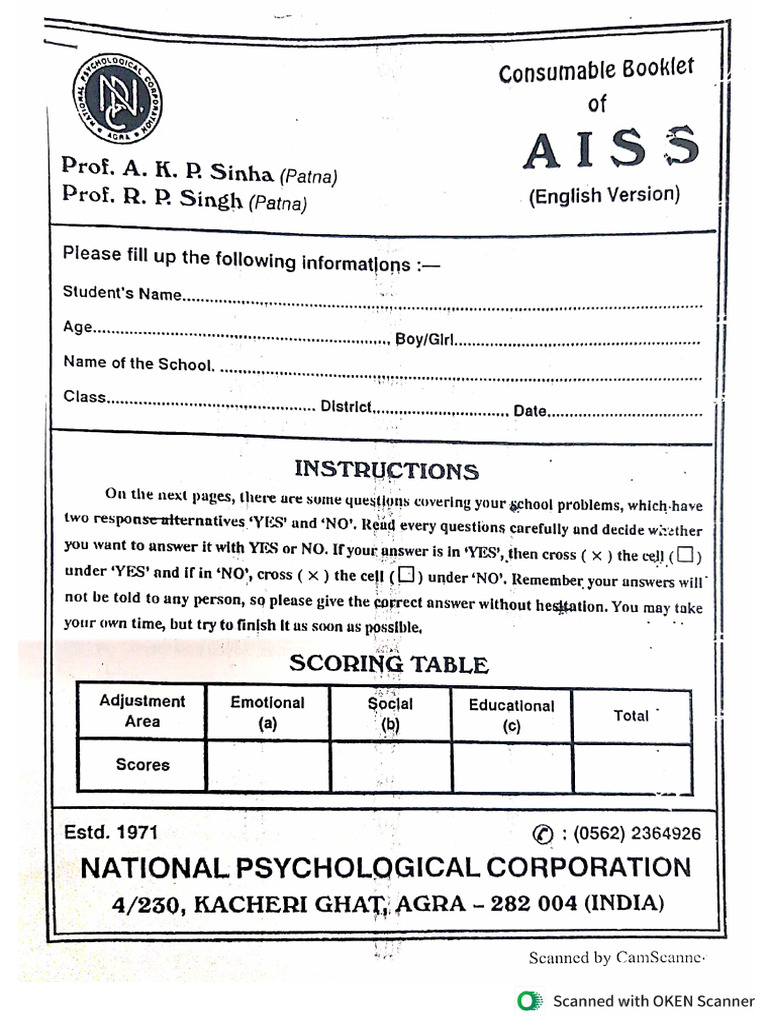 Consumable Booklet of AISS | PDF