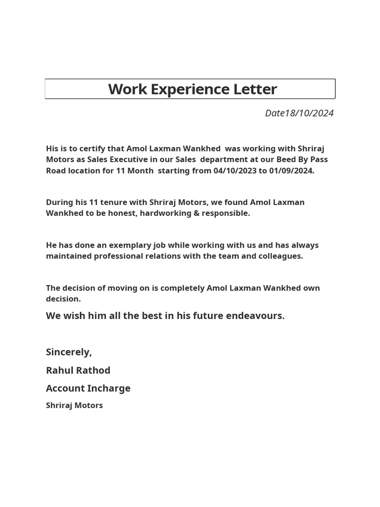 Work Experience Letter | PDF