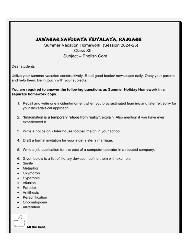 English Summer Vacation Homework Class XII | PDF