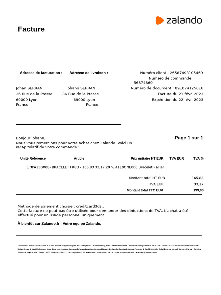 Facture d'achat Zalando - 21 févr. 2023 | PDF | Facture | Taxe sur la ...