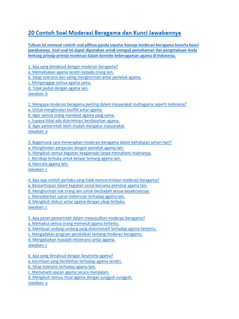 Contoh Soal Moderasi Beragama Dan Kunci | PDF | Ilmu Sosial | Agama & Spiritualitas