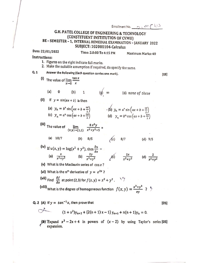 Calculus - Jan-22 - Remedial Paper | PDF