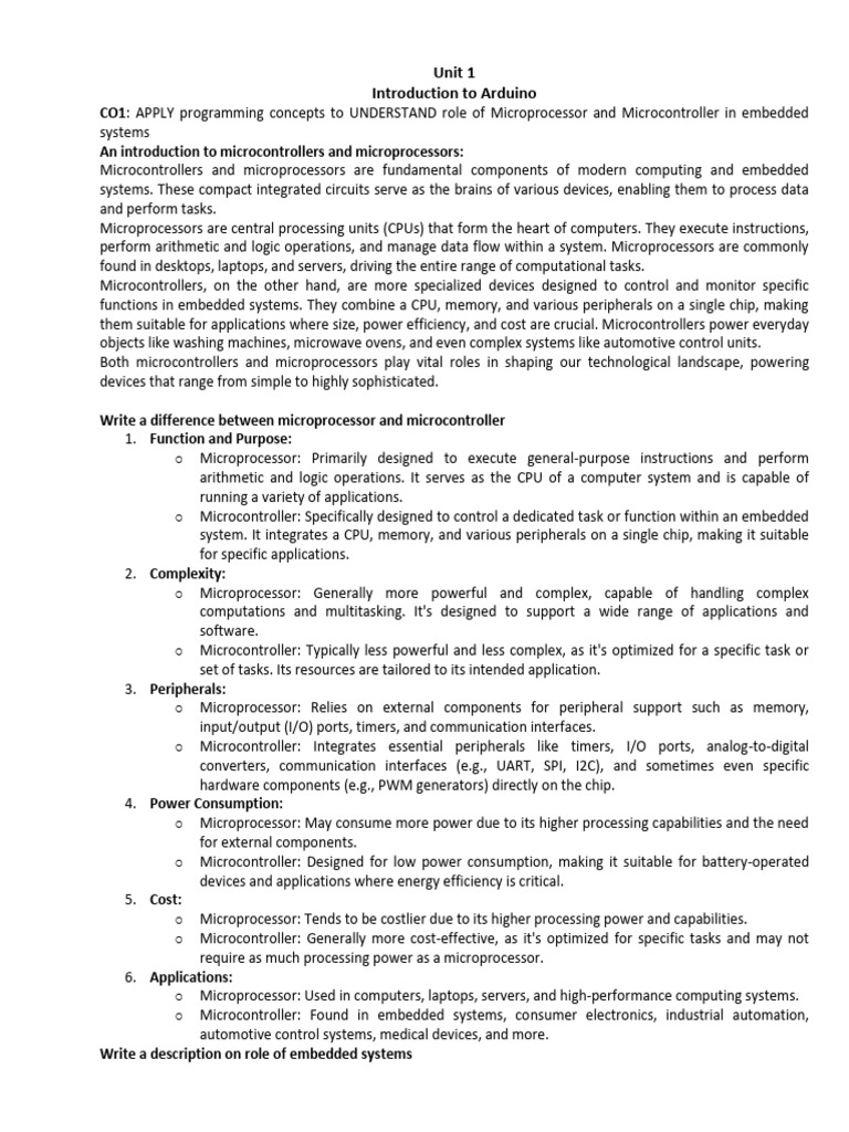 EEE_Unit 1_Notes Introduction to Arduino | PDF | Embedded System ...
