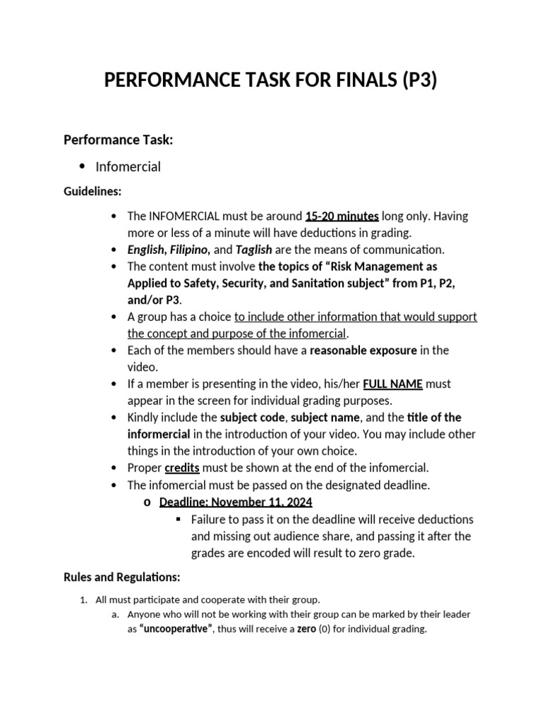 Performance Task For Finals Full Peta Risk | PDF | Business | Games & Activities