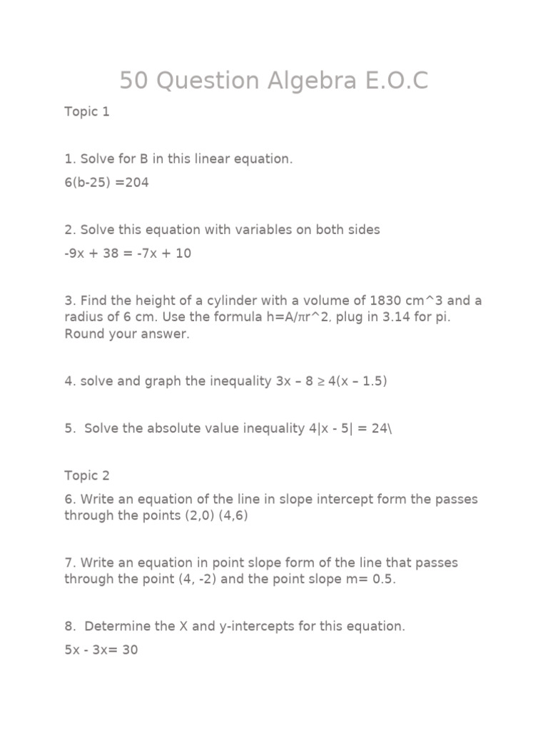 50 Question Algebra E.O.C | PDF | Equations | Elementary Mathematics