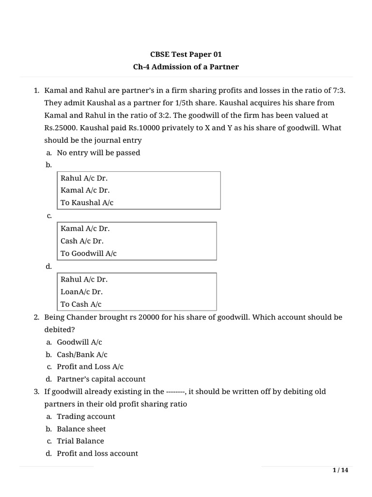 Admission of a Partner: CBSE Test Paper | PDF | Debits And Credits ...