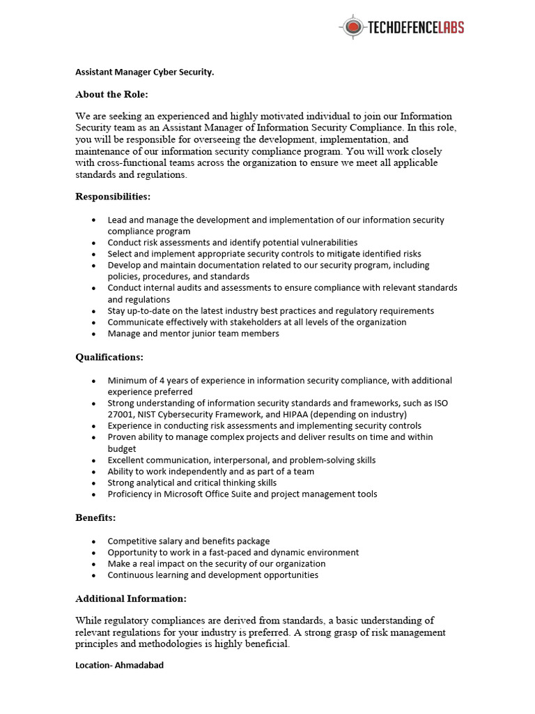 JD - Assistant Manager - Compliance | PDF | Computer Security | Security