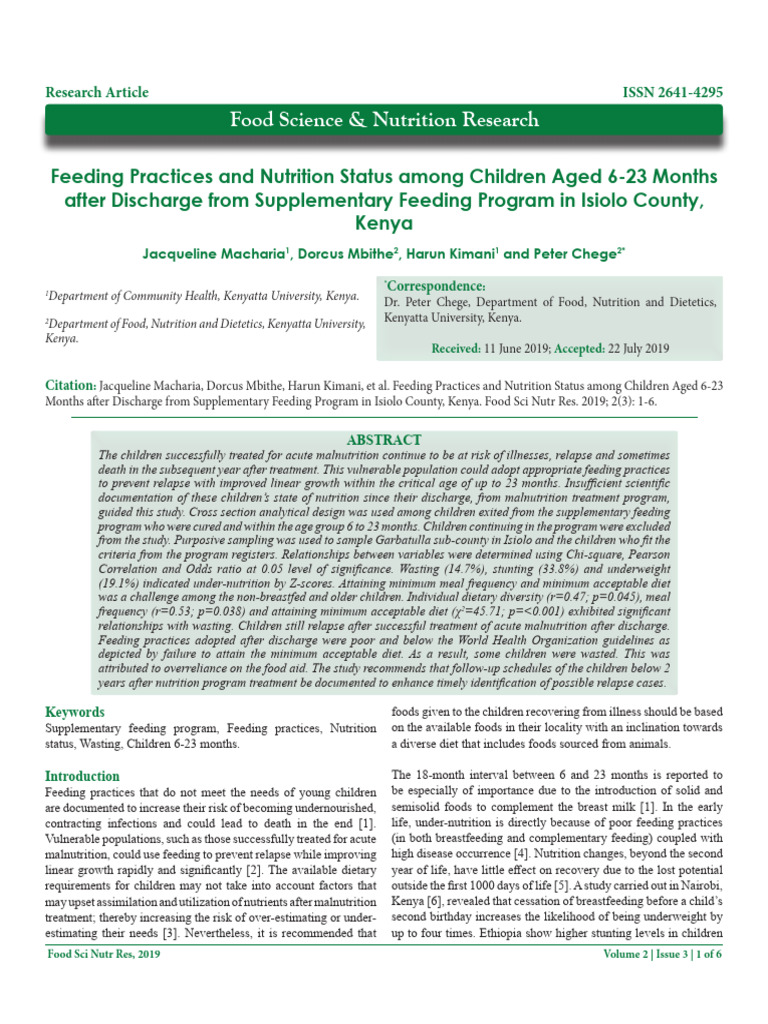Feeding Practices and Nutrition Status Among Children Aged 6-23 Months After Discharge From ...