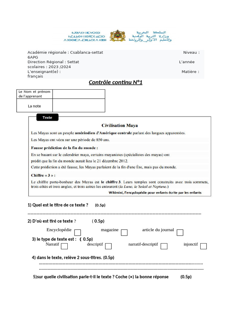 Contrôle Continu de Français 6APG | PDF | Unités sémantiques ...