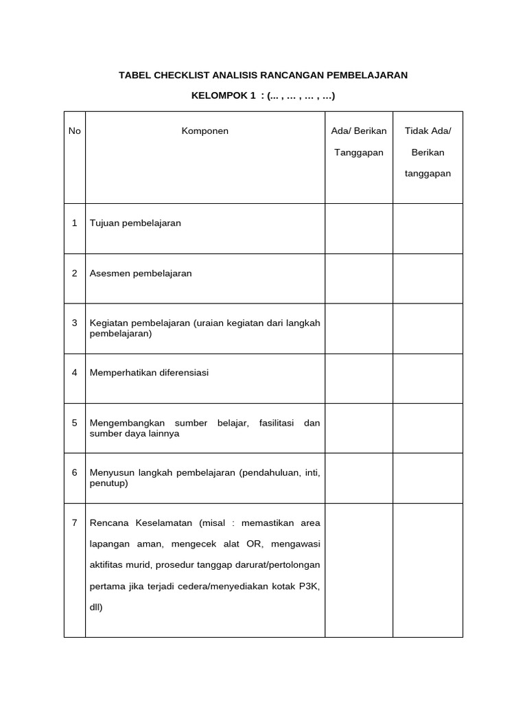 TABEL CHECKLIST ANALISIS RANCANGAN PEMBELAJARAN | PDF