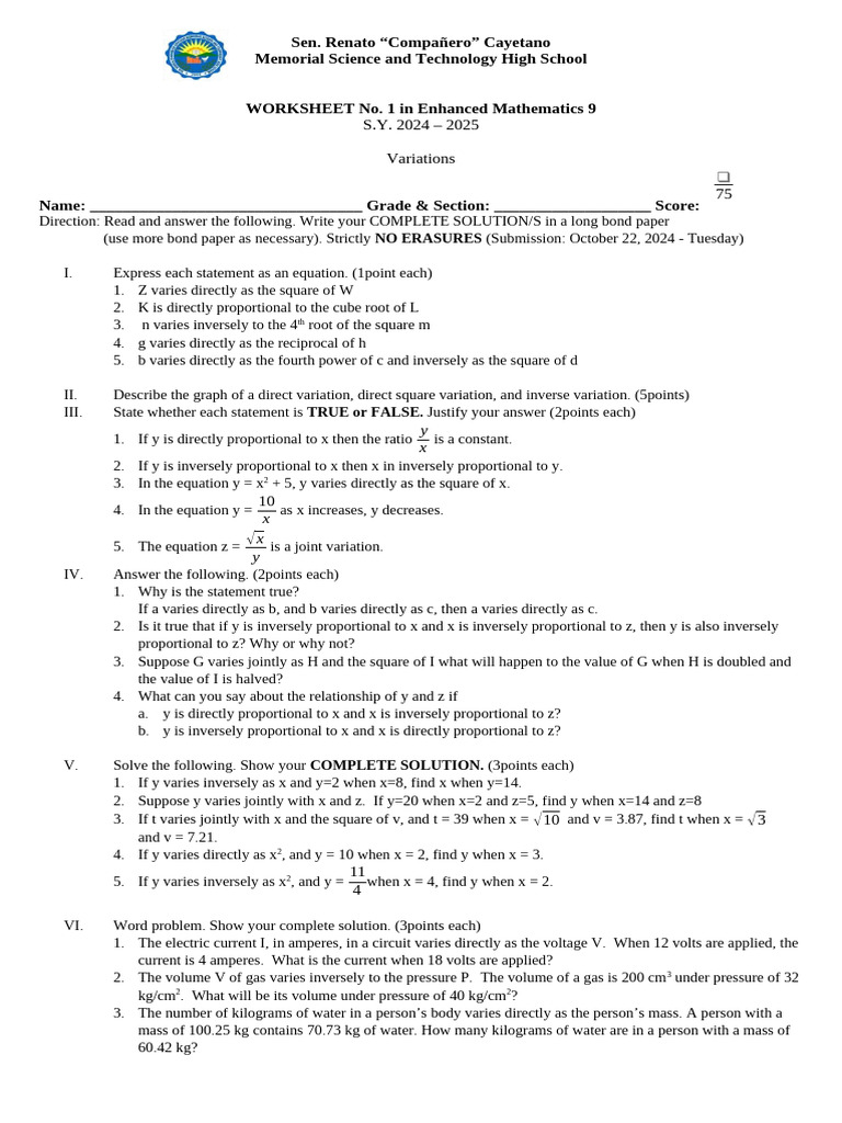 Worksheet 1 Variations | PDF | Gases | Volt