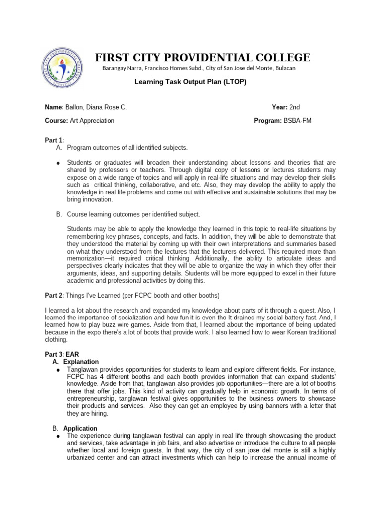 FCPC Art Appreciation Learning Output | PDF | Critical Thinking | Learning