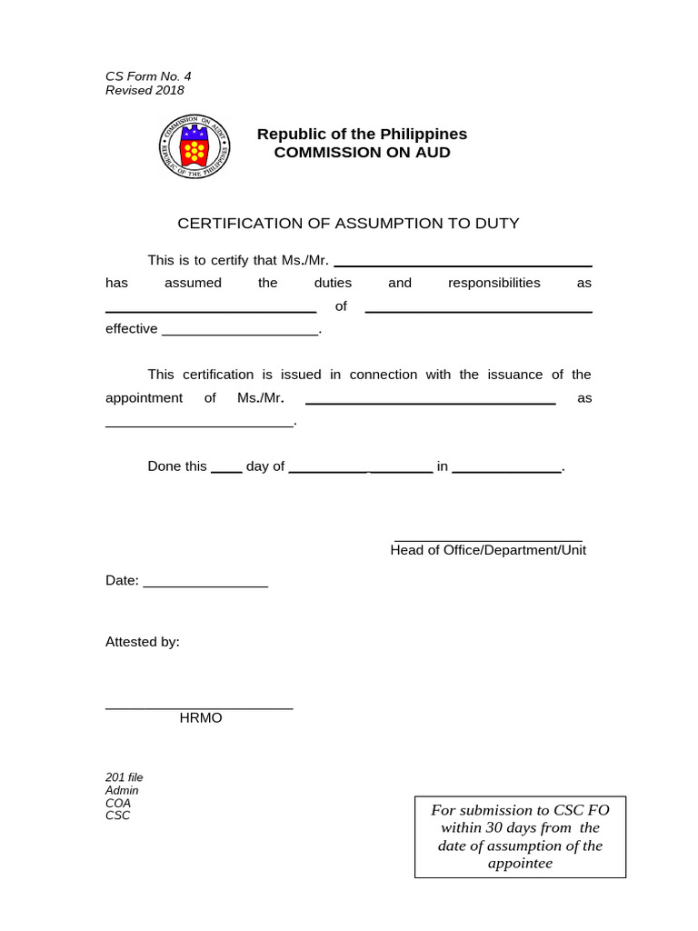 Certification of Assumption to Duty CS Form No. 4 Revised 2018 | PDF