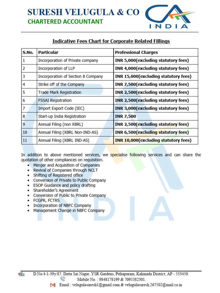 Indicative Fees Chart For Company Related Fillings | PDF