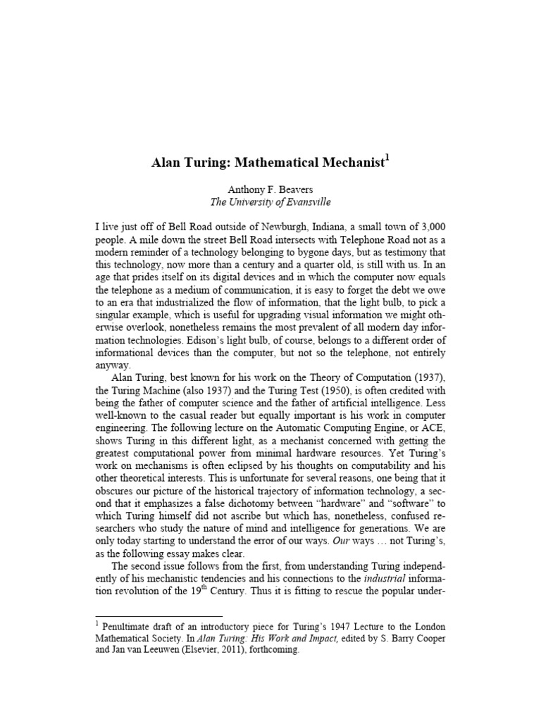 Alan Turing Mathematical Mechanist | PDF | Cognition | Cognitive Science