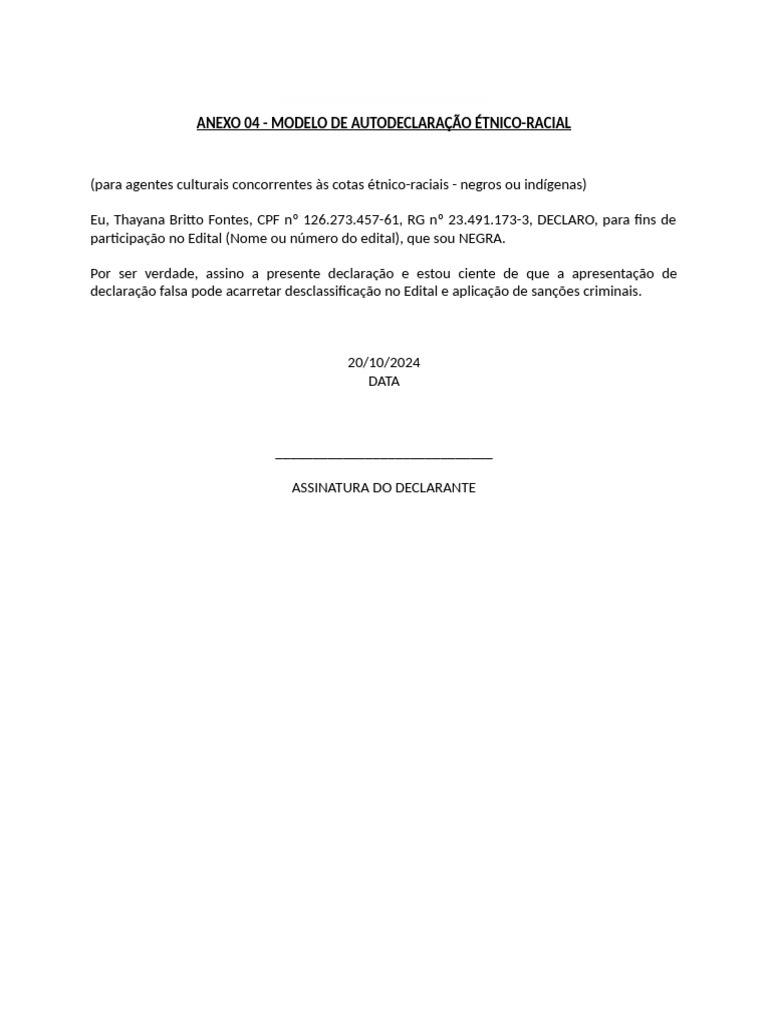 Anexo 04 Modelo de Autodeclaracao Etnico Racial Edital Premiacao Pontos ...